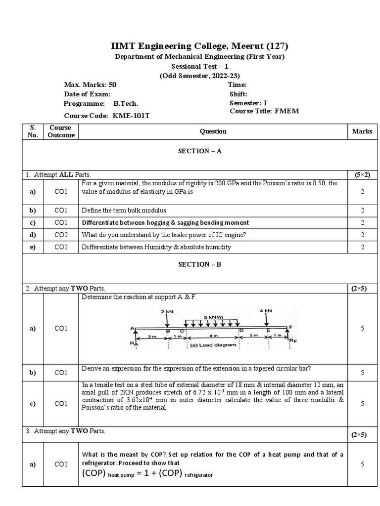 FMEM - Sessional 1 First Sem 2022-23 | PDF
