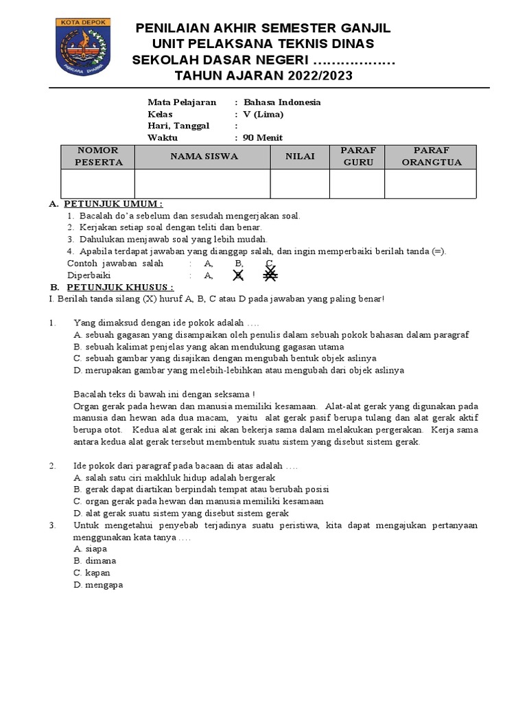 BIndo - PAS - SOAL - Ganjil - 2022-2023 | PDF