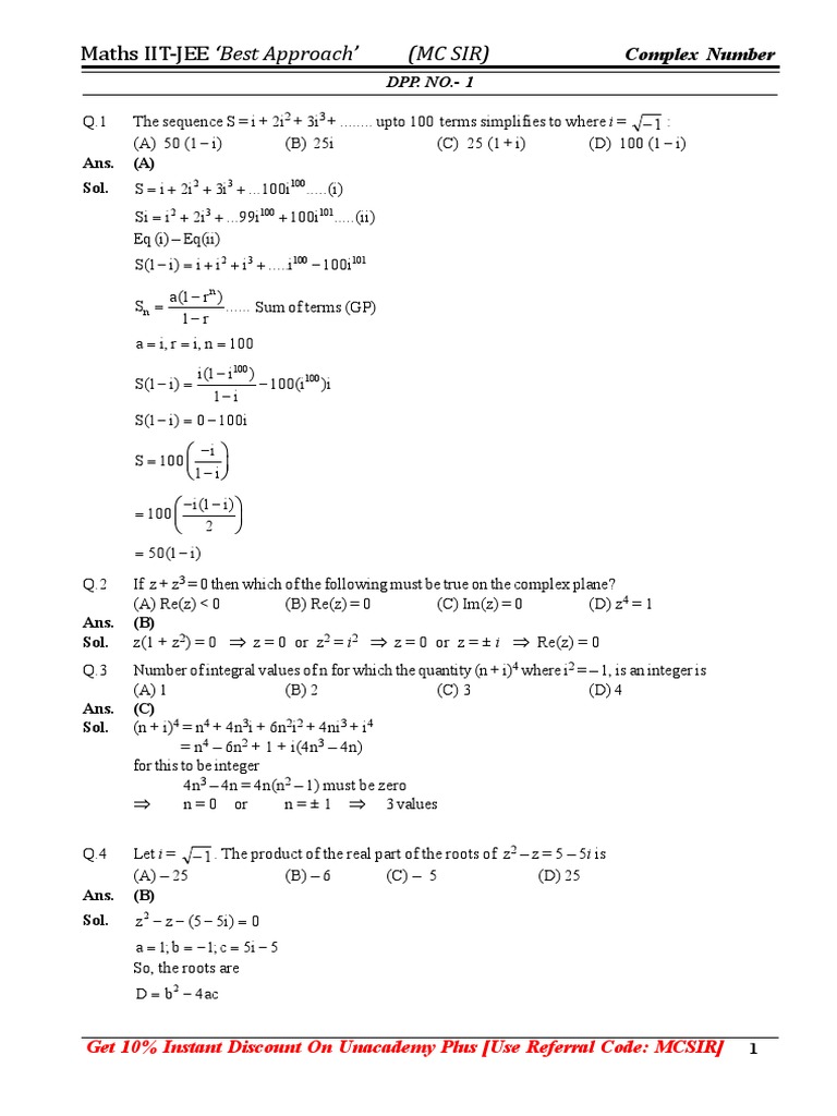 Maths IIT-JEE Best Approach' (MC SIR) : Ans. (A) Sol | PDF | Complex Number | Numbers
