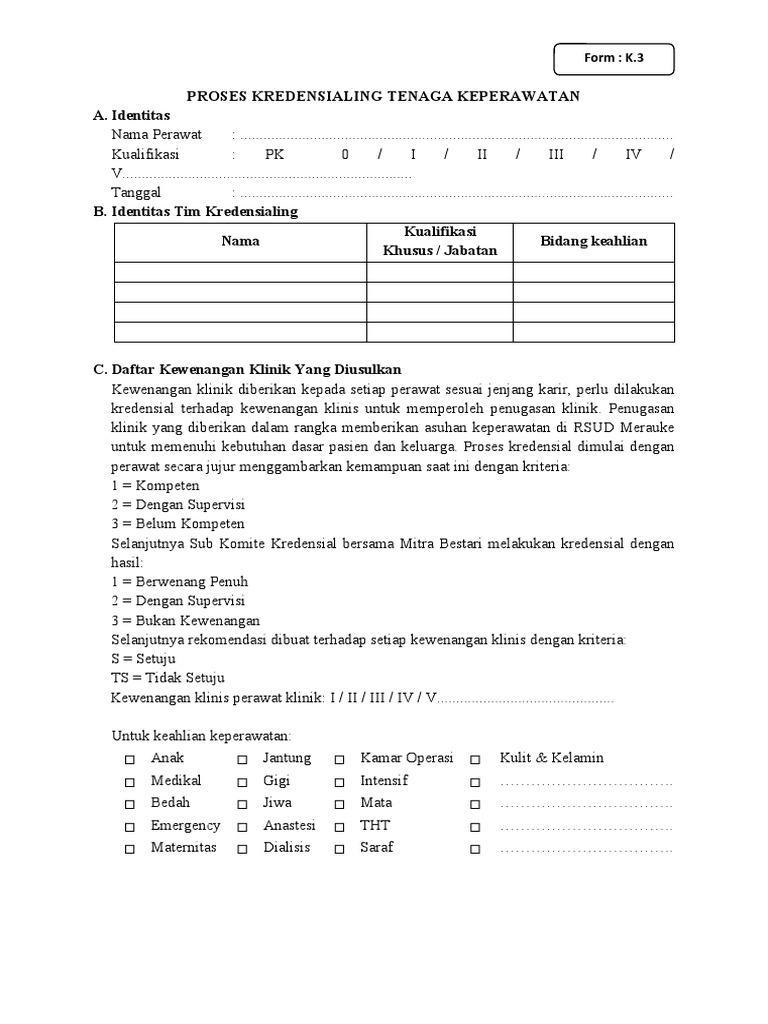 K3 Form Kredensial Komite Keperawatan | PDF | Karier & Perkembangan ...