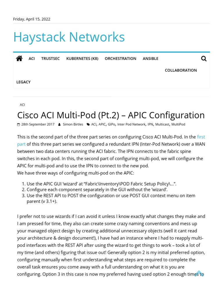 Cisco ACI Multi-Pod (Pt.2) - APIC Configuration - Haystack Networks | PDF