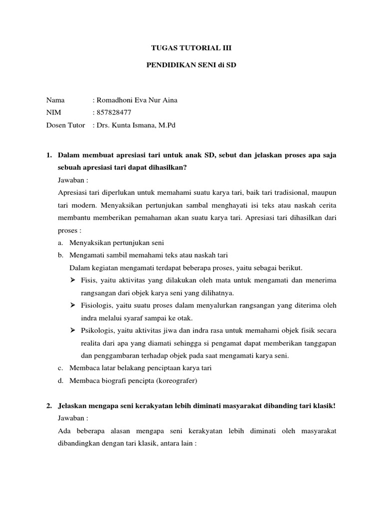 TT3 Pendidikan Seni Di SD - Romadhoni Eva Nur A 857828477 | PDF