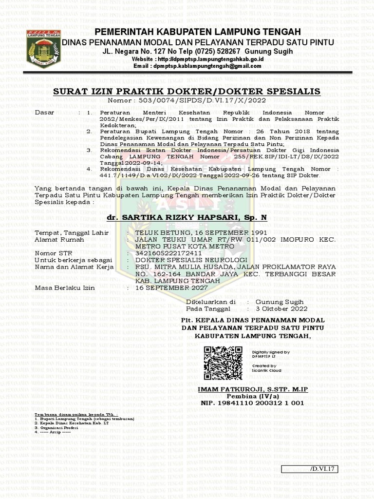 Pemerintah Kabupaten Lampung Tengah: Dinas Penanaman Modal Dan Pelayanan Terpadu Satu Pintu | PDF