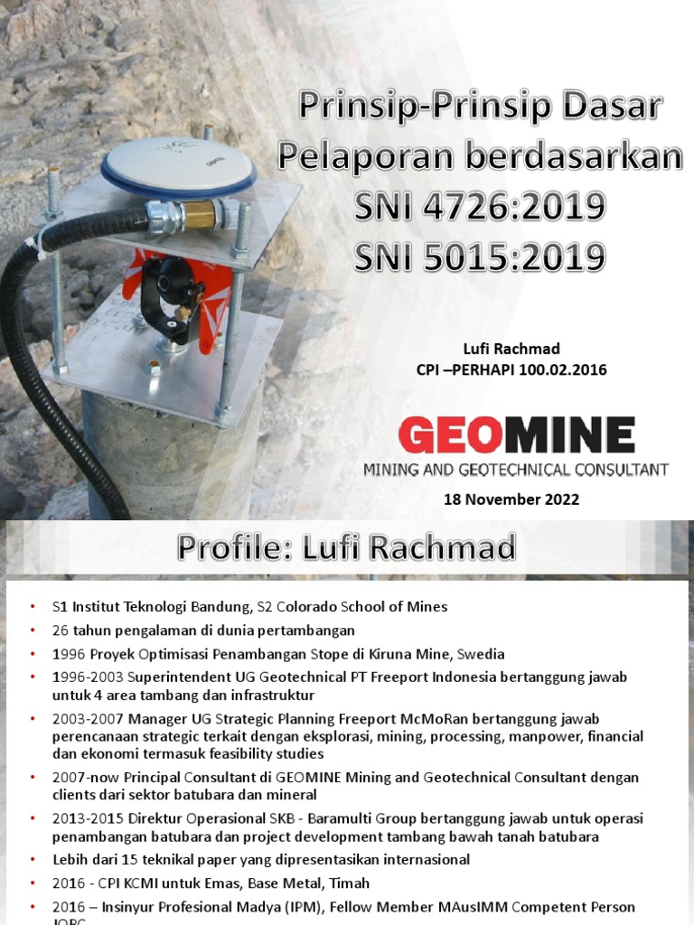 GEOMINE GEOMINE - Prinsip-Prinsip Dasar Pelaporan Berdasarkan SNI 4726 Dan 5015 Rev 00 | PDF