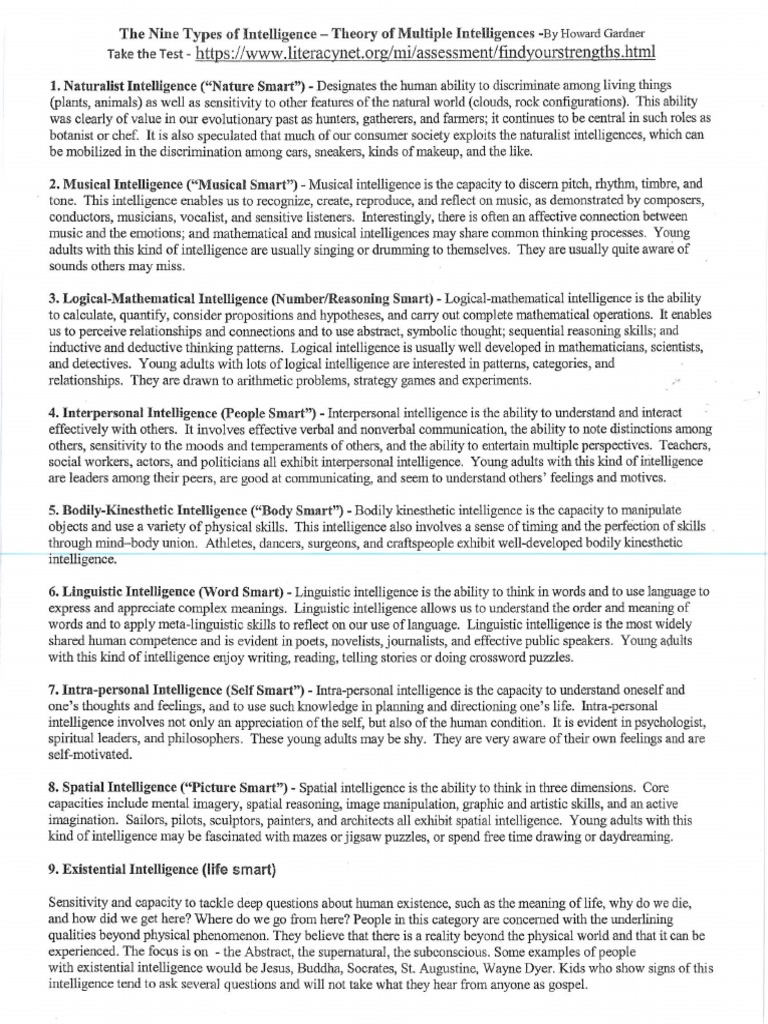Hand-Out - Haward Gardner - Nine Multiple Intelligences | PDF