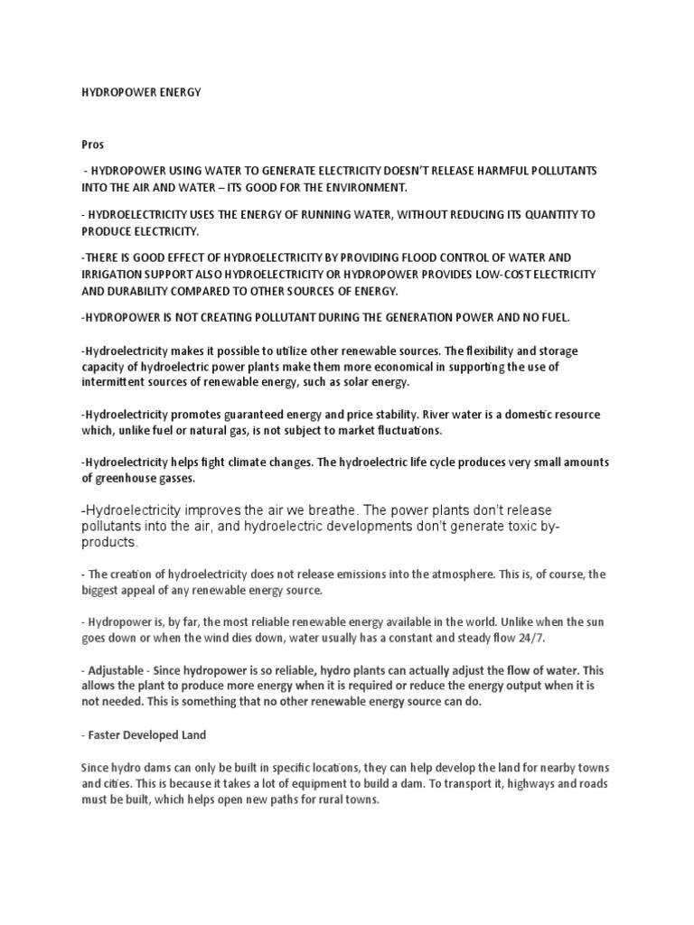 HYDROPOWER ENERGY (Pros and Cons) | PDF | Hydroelectricity | Renewable ... HYDROPOWER ENERGY (Pros and Cons) | PDF | Hydroelectricity | Renewable ...