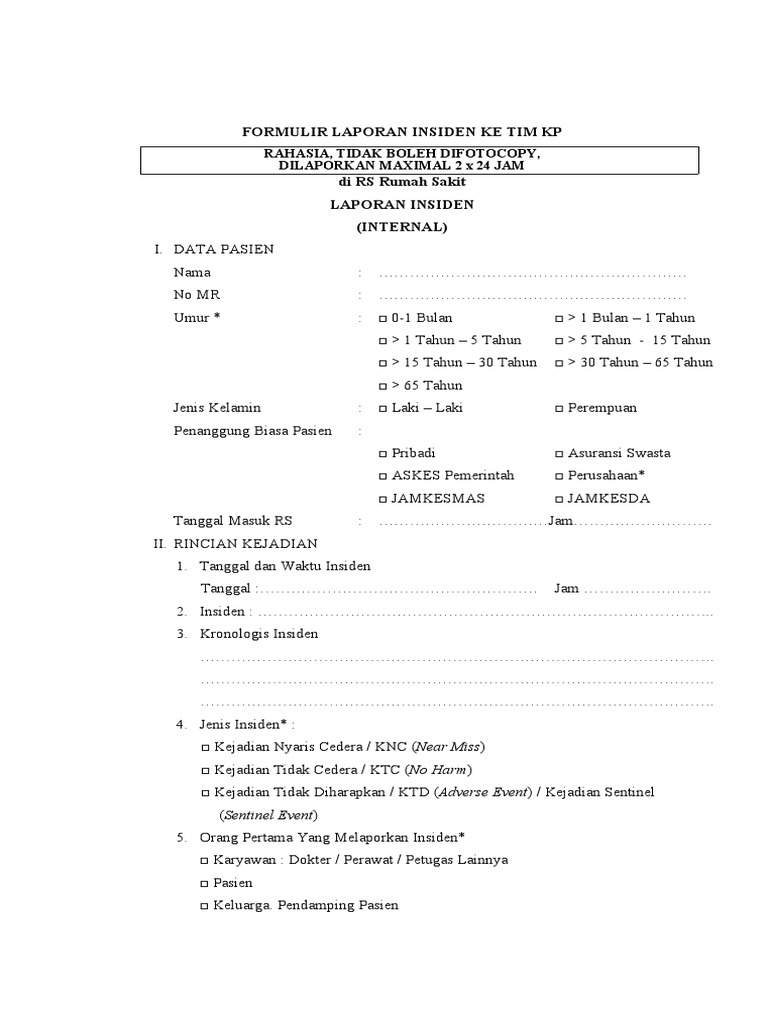 FORM Insiden Keselamatan Rumah Sakit | PDF