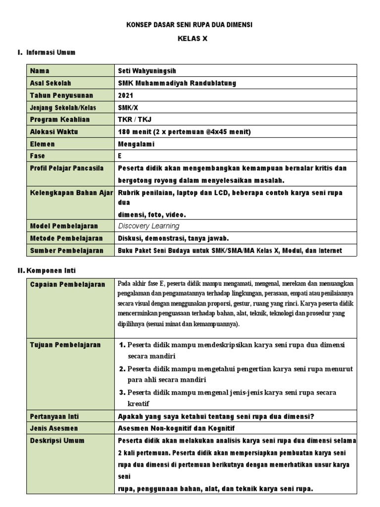 Modul Ajar Seni Rupa Dua Dimensi Seti | PDF