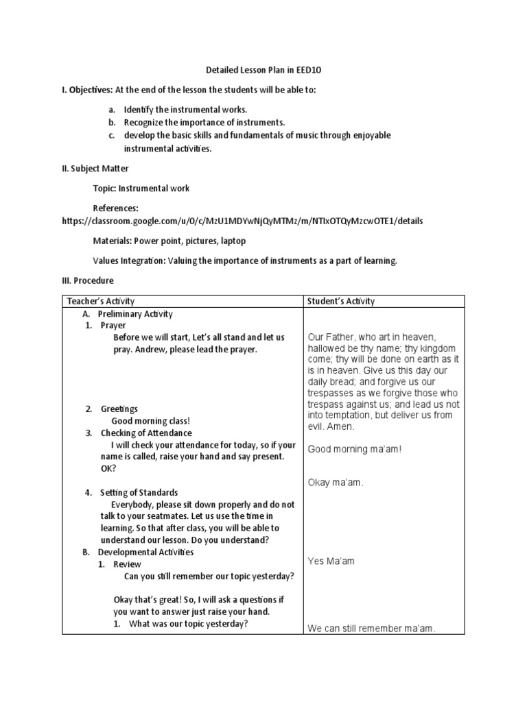 Detailed Lesson Plan in EED10 | PDF | Musical Instruments | String ...