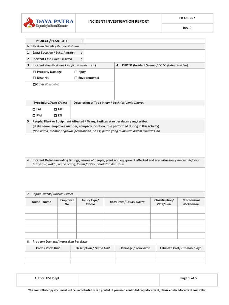 FR-K3L-027 Rev.0 Incident Investigation Report Form | PDF