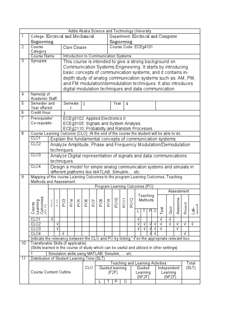 Introduction To Communication Systems Course Outline Pdf