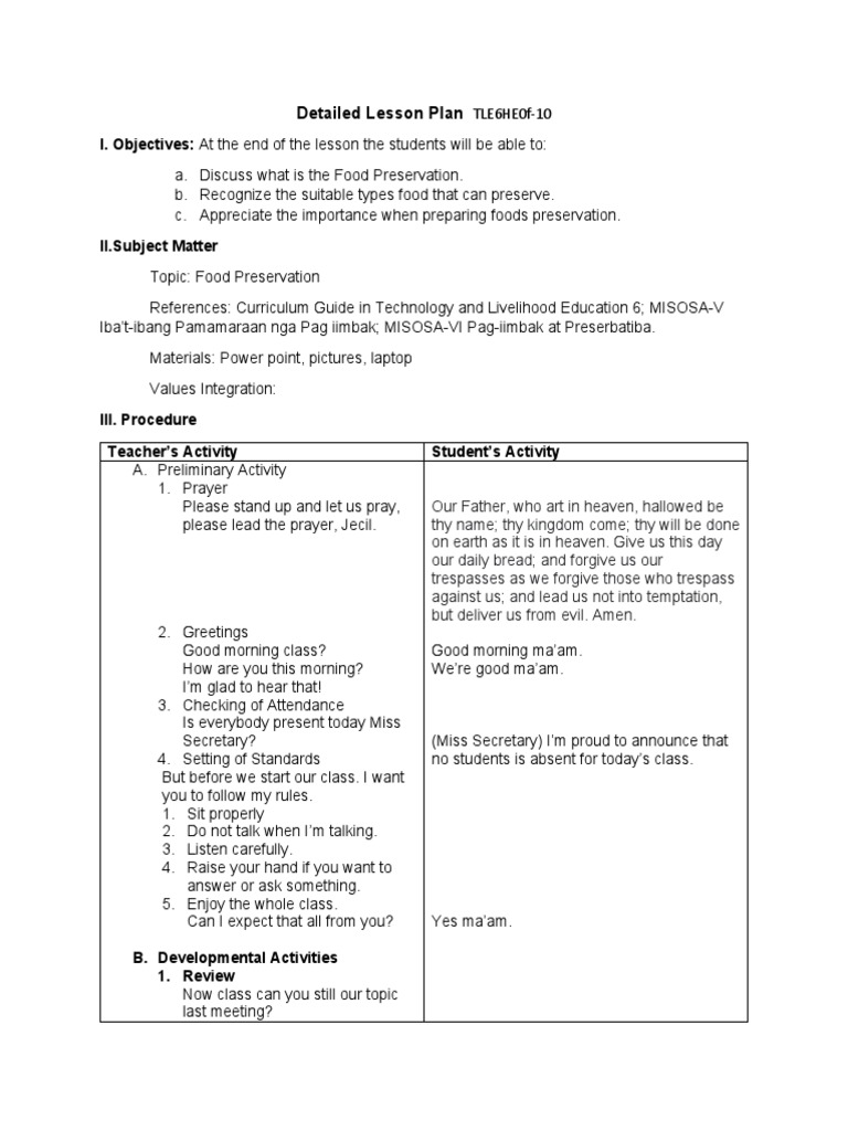 Food Preservation Lesson Plan for TLE 6 | PDF | Food Preservation | Foods