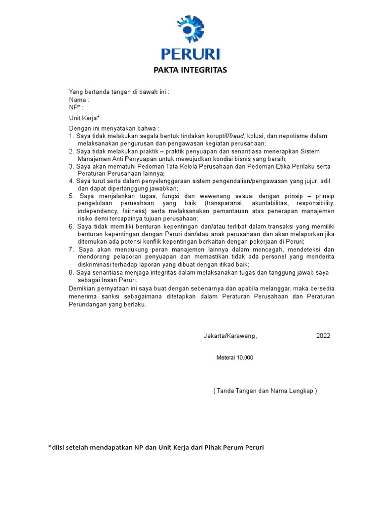 Pakta Integritas Karyawan 2022 | PDF