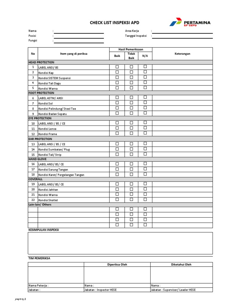 Checklist Inspeksi APD | PDF
