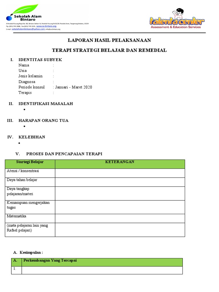 Contoh Laporan Terapi Strategi Belajar Dan Remedial | PDF