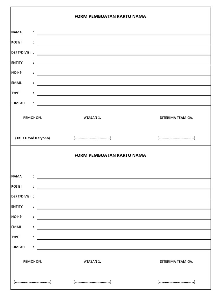 Formulir Pembuatan Kartu Nama | PDF | Politik | Game & Aktivitas