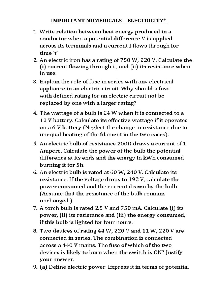 Important Numericals - Electricity | PDF