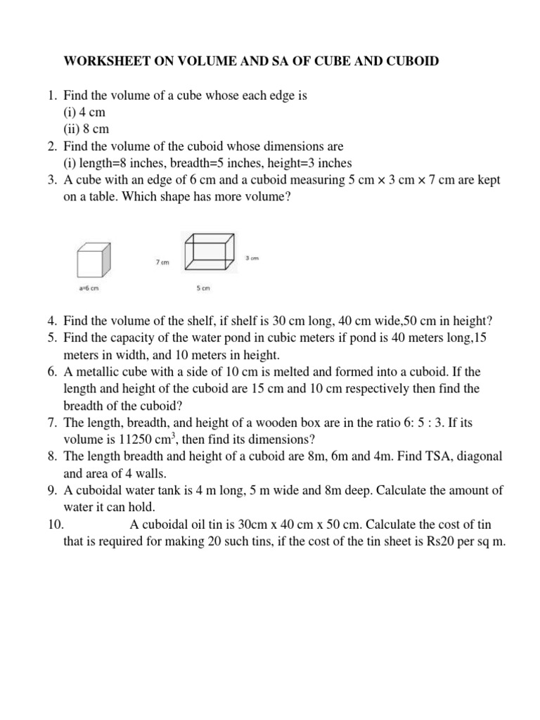Worksheet On Volume and Sa of Cube and Cuboid | PDF | Social Science ...