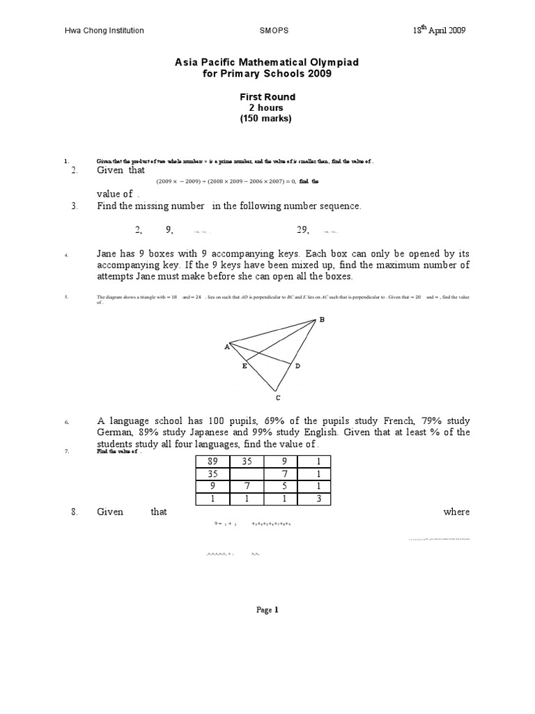 APMOPS (SMOPS) 2009 First Round With Answers | PDF