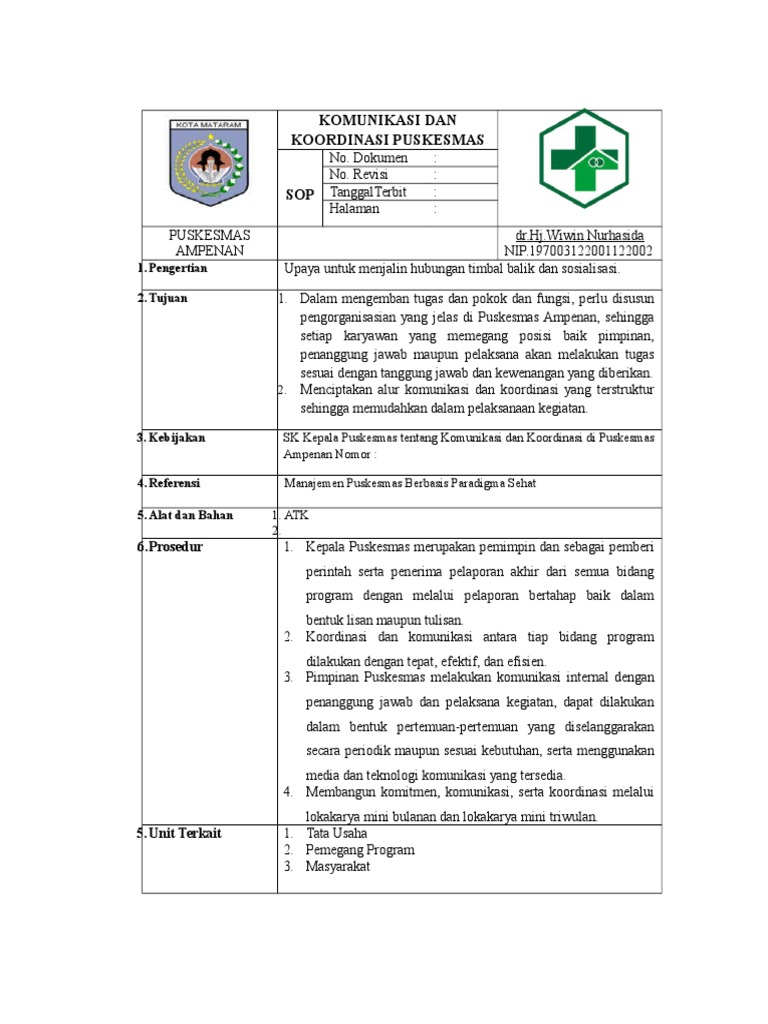 Sop Komunikasi Dan Koordinasi Puskesmas PDF Free | PDF
