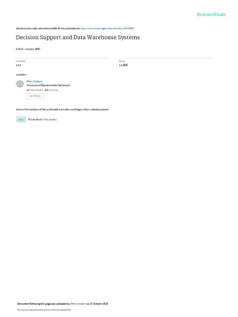 Decision Support and Data Warehouse Systems | PDF | Data Warehouse ...