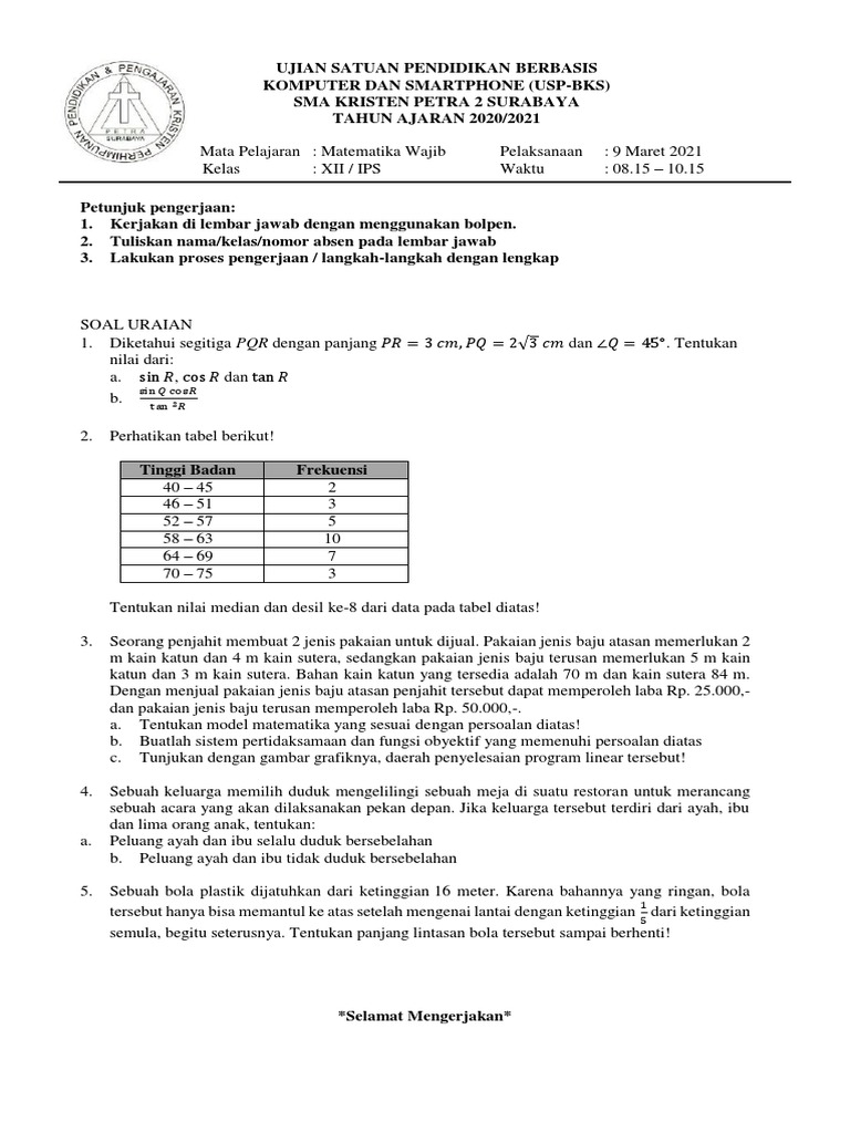 Soal Uraian Usp Mat Wajib 12 Ips | PDF