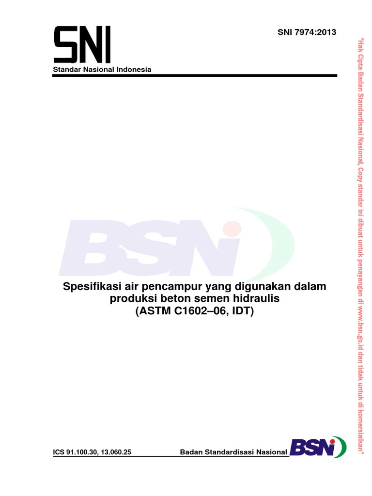 Spesifikasi Air Pencampur Yang Digunakan Dalam Produksi Beton Semen Hidraulis (ASTM C1602-06 ...