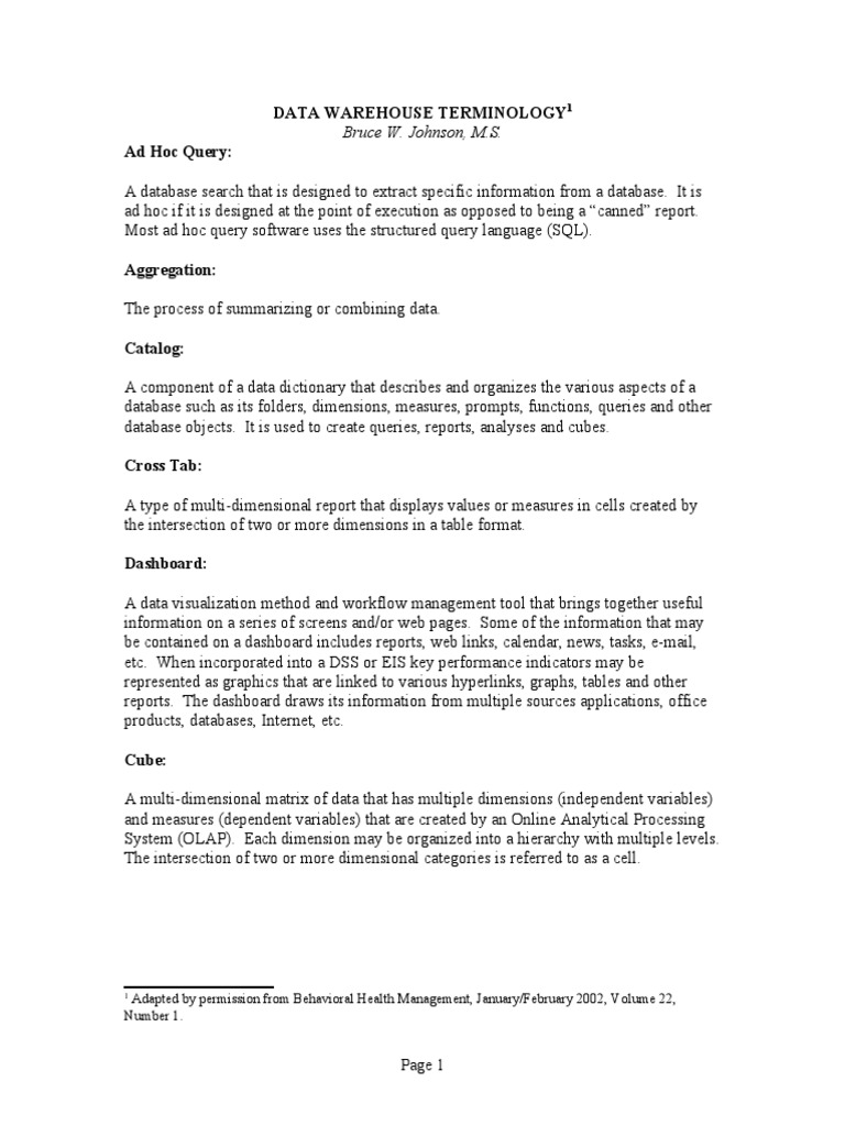 Data Warehouse Glossary | PDF | Data Warehouse | Databases