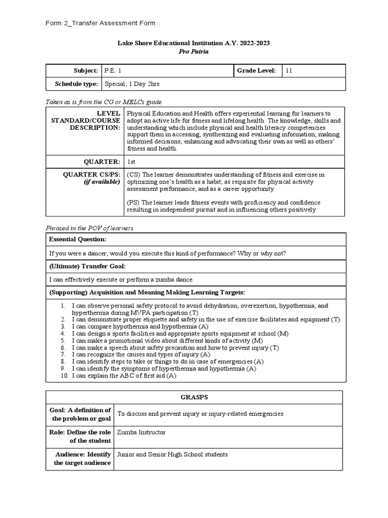 SAMANIEGO - PE1 - Grade11 (Transfer Assessment Form) | PDF | Rubric ...