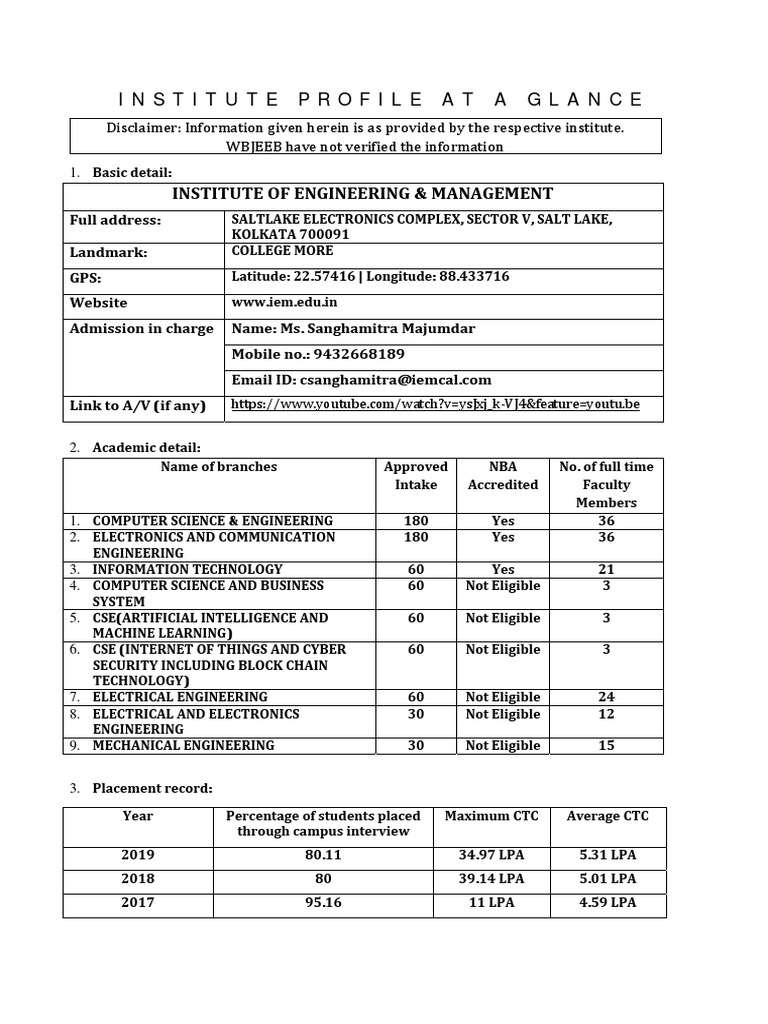 A Comprehensive Profile of the Institute of Engineering & Management: Academic Programs ...