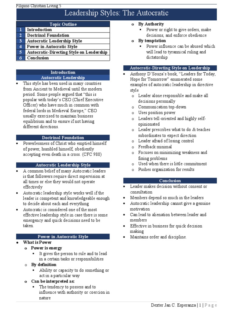 Autocratic Leadership in Christian Context | PDF | Self-Improvement
