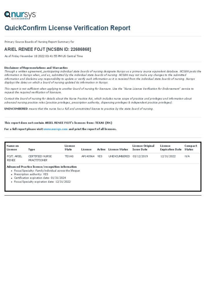 Nursys QuickConfirm License Verification Report 2022-11-18 | PDF ...