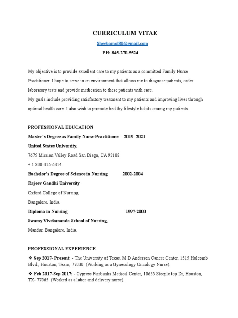 Resume Sheeba Mol Thambi | PDF | Nursing | Hospital