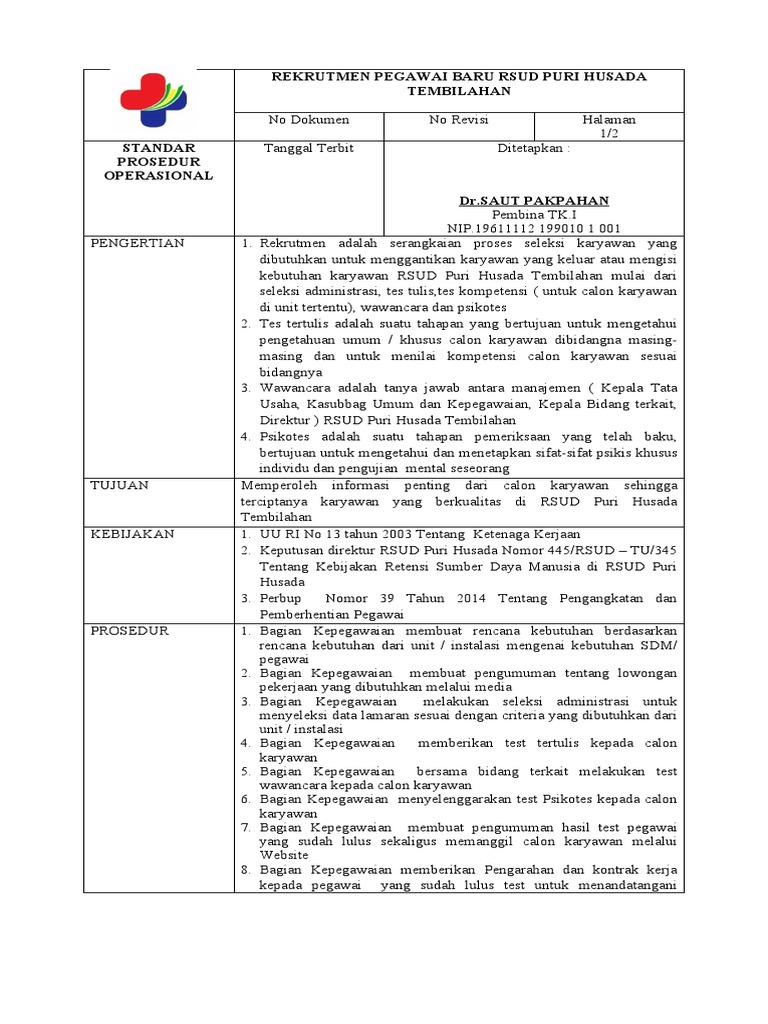 Sop Rekrutmen Pegawai Baru Rsud Puri Husada Tembilahan | PDF