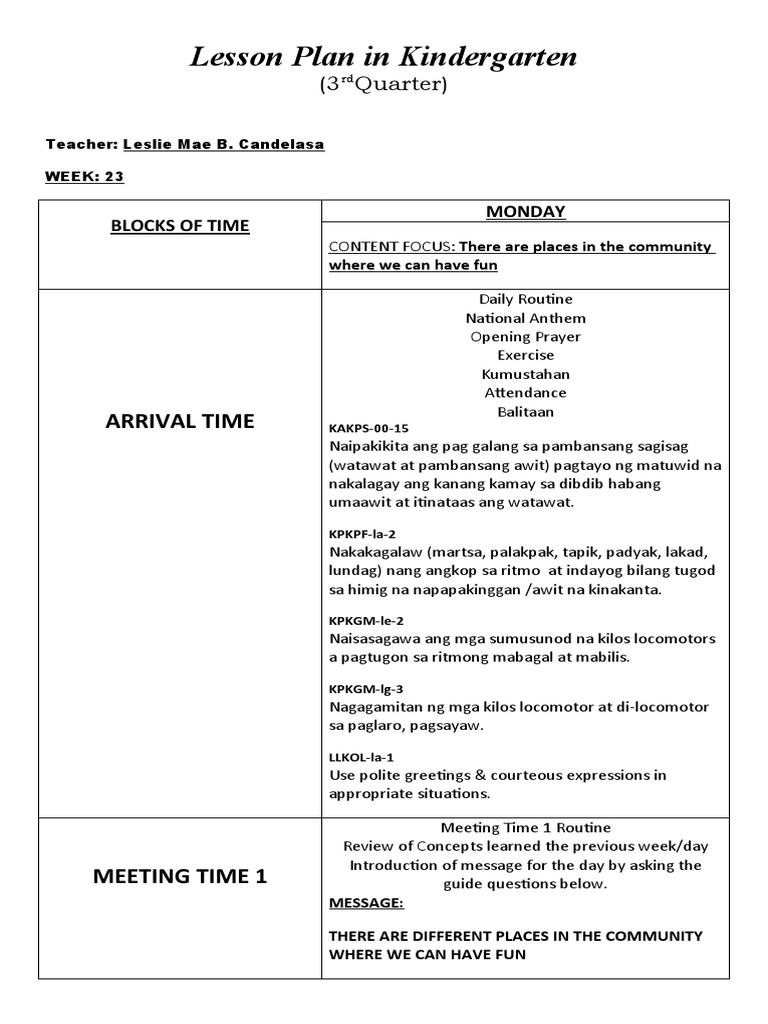 Lesson Plan in Kindergarten Week 23 | PDF | Lesson Plan