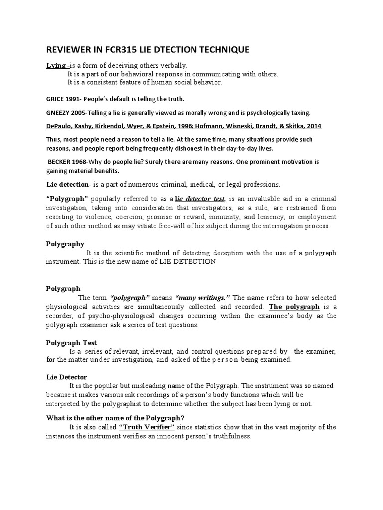 Reviewer in FCR315 Lie Dtection Technique | PDF | Polygraph | Deception