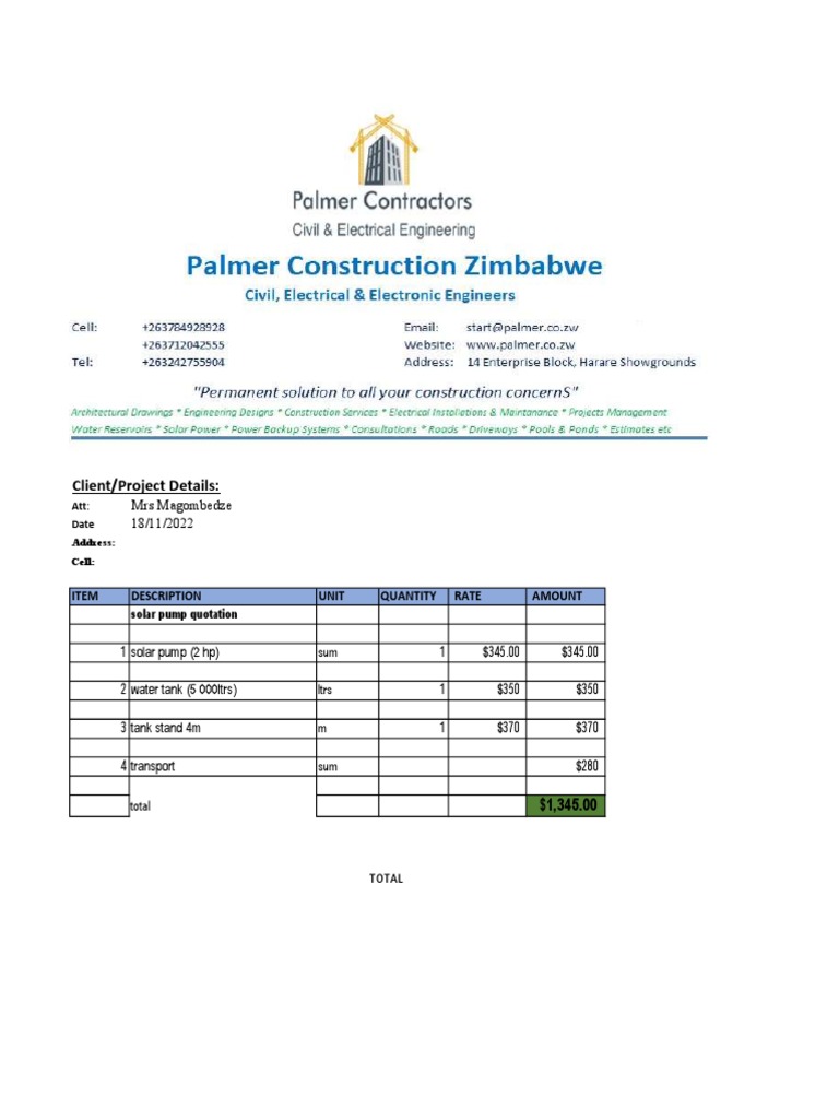 Palmer Construction Mrs Magombedze Solar Pumps Quotation | PDF