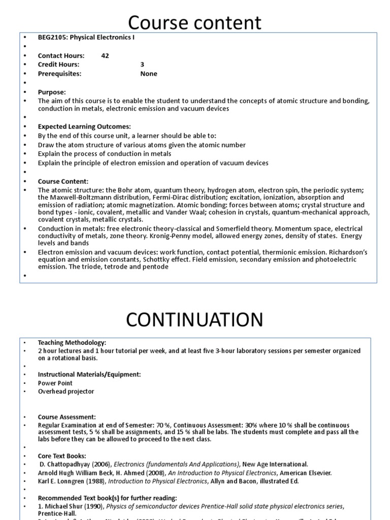 Physical Electronics I Course Overview | PDF | P–N Junction ...