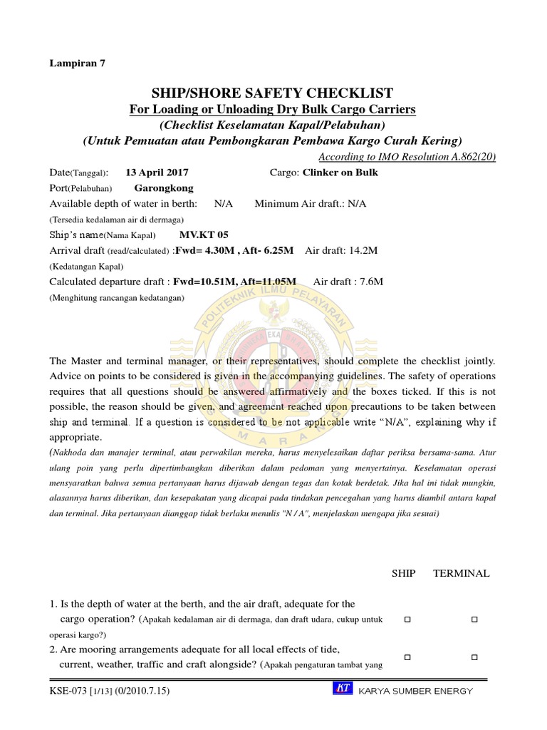 Lampiran 7 Kse-073 Ship-Shore Safety Checklist | PDF | Shipping