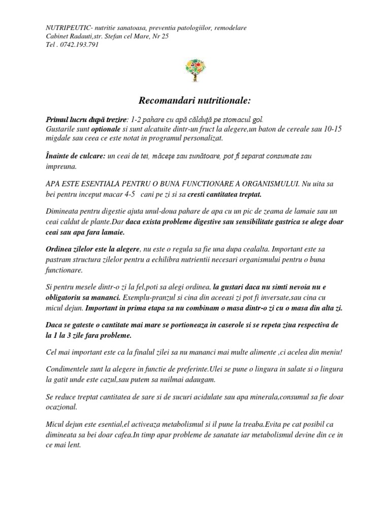 Recomandari Program Nutritional | PDF