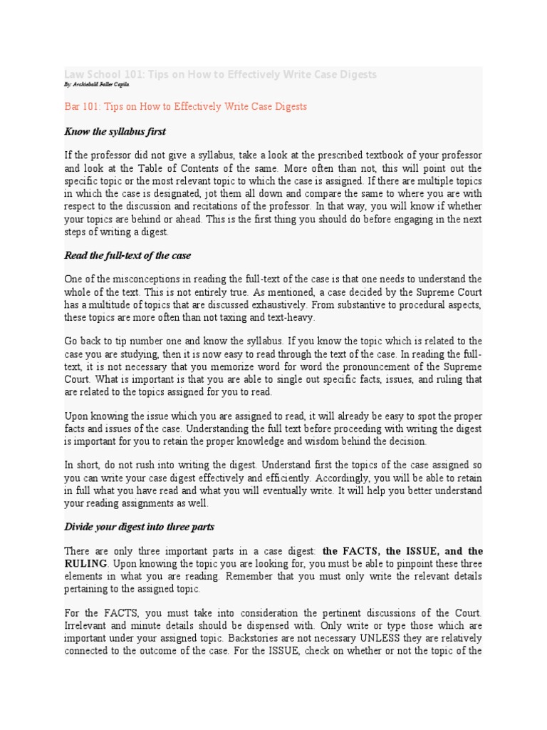 Bar 101 - Tips On How To Effectively Write Case Digests | PDF | Search ...