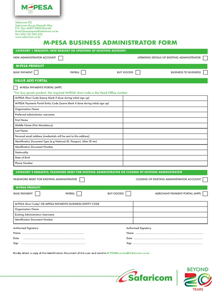 M PESA Business Administator Form | PDF | Business | Computers