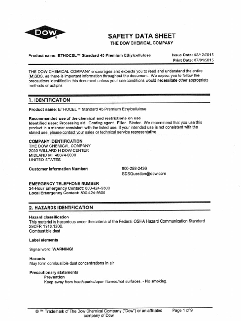 MSDS ETHOCEL STANDARD 45 Premium Ethylcellulose | PDF