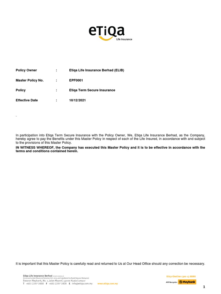 Master+Policy Etiqa+Term+Secure+Insurance | PDF | Insurance ...
