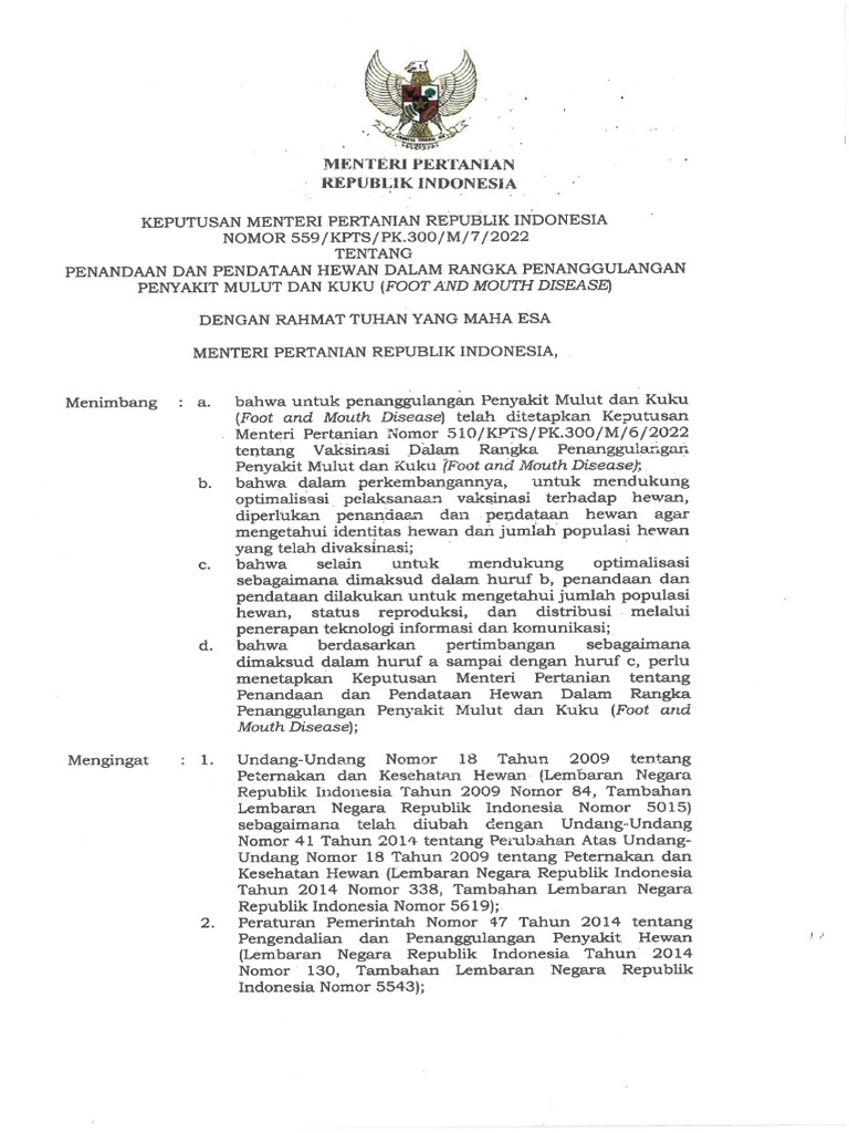 SK Mentan Nomor 559 Tahun 2022 (2) Penandaan PMK | PDF