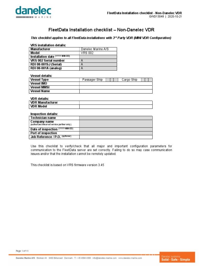 FleetData Installation Checklist - Non-Danelec VDR - GWD13048-13 | PDF