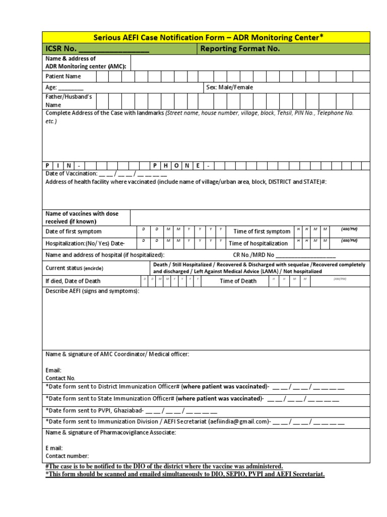 Serious AEFI Case Notification Form | PDF | Health Care | Medical ...