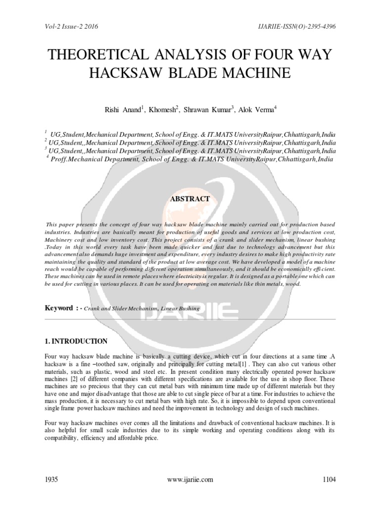 THEORETICAL ANALYSIS OF FOUR WAY HACKSAW BLADE MACHINE Ijariie1935 ...