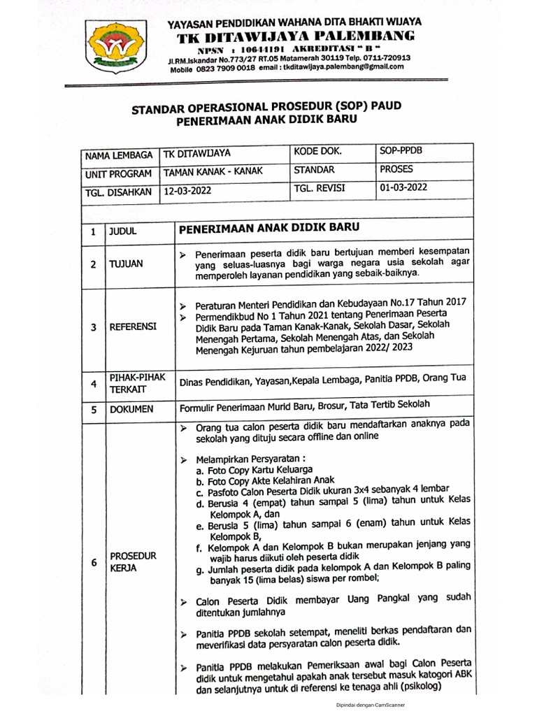 SOP PPDB TK Ditawijaya | PDF