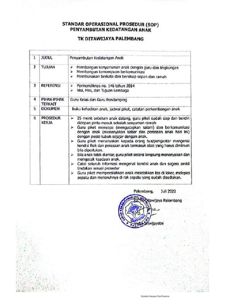 SOP Kegiatan Pembelajaran - TK Ditawijaya | PDF